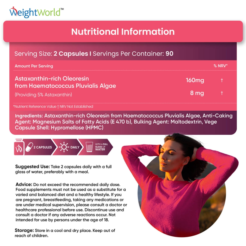 Astaxantin 8 mg, 180 kapslar - för immunsystem och mer energi | WeightWorld